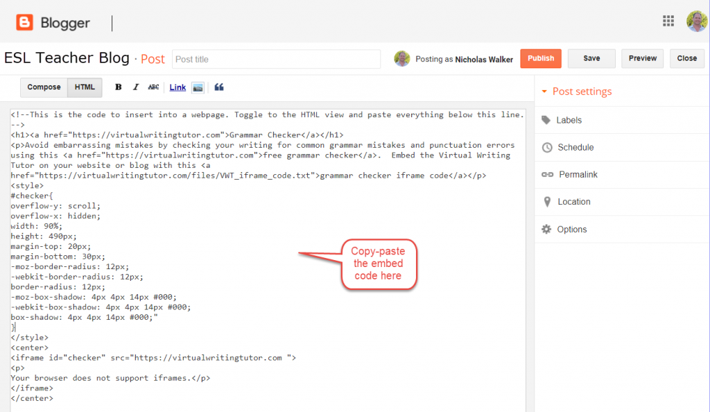 Add your own ESL grammar checker to a webpage with an iframe - Virtual ...